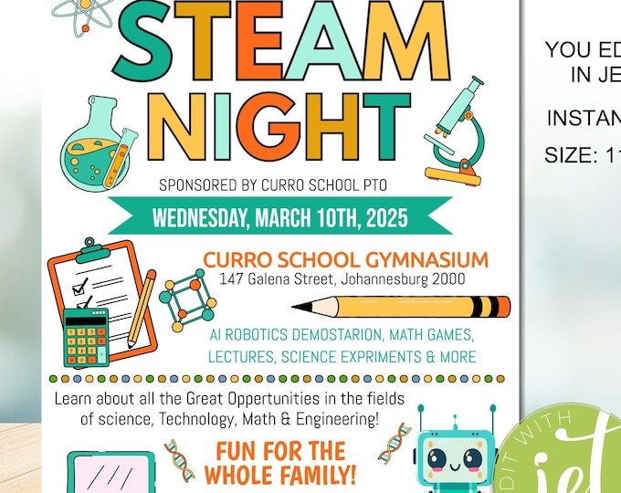 EDITABLE Family Steam Night Flyer, School PTA PTO Flyer, Community ...