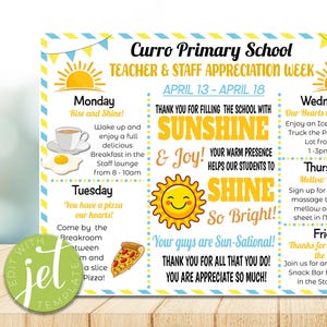 EDITABLE Yellow Sunshine Theme Teacher Appreciation Week Itinerary ...