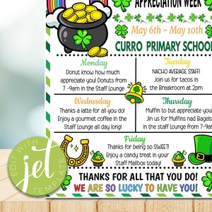 EDITABLE St. Patrick's Day Teacher Appreciation Week Itinerary, Lucky ...