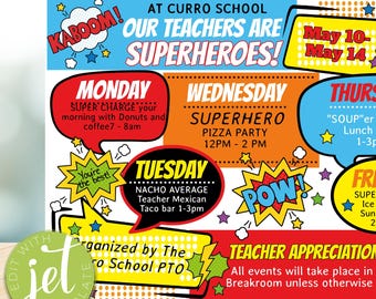 EDITABLE Superhero Teacher Appreciation Week Itinerary Poster ...