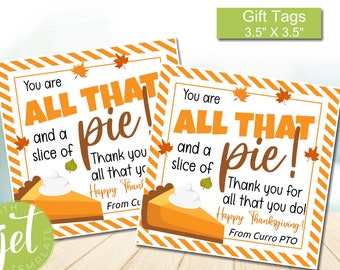 Thanksgiving Gift Tags, Grateful for You Pumpkin Pie Label, Fall Staff ...