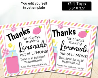 Editable Lemonade Out of Lemons Gift Tag Template, Teacher Appreciation ...