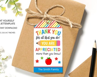 Teacher Appreciation TAGS, TEACHER Thank You Gift Tag, End of School ...