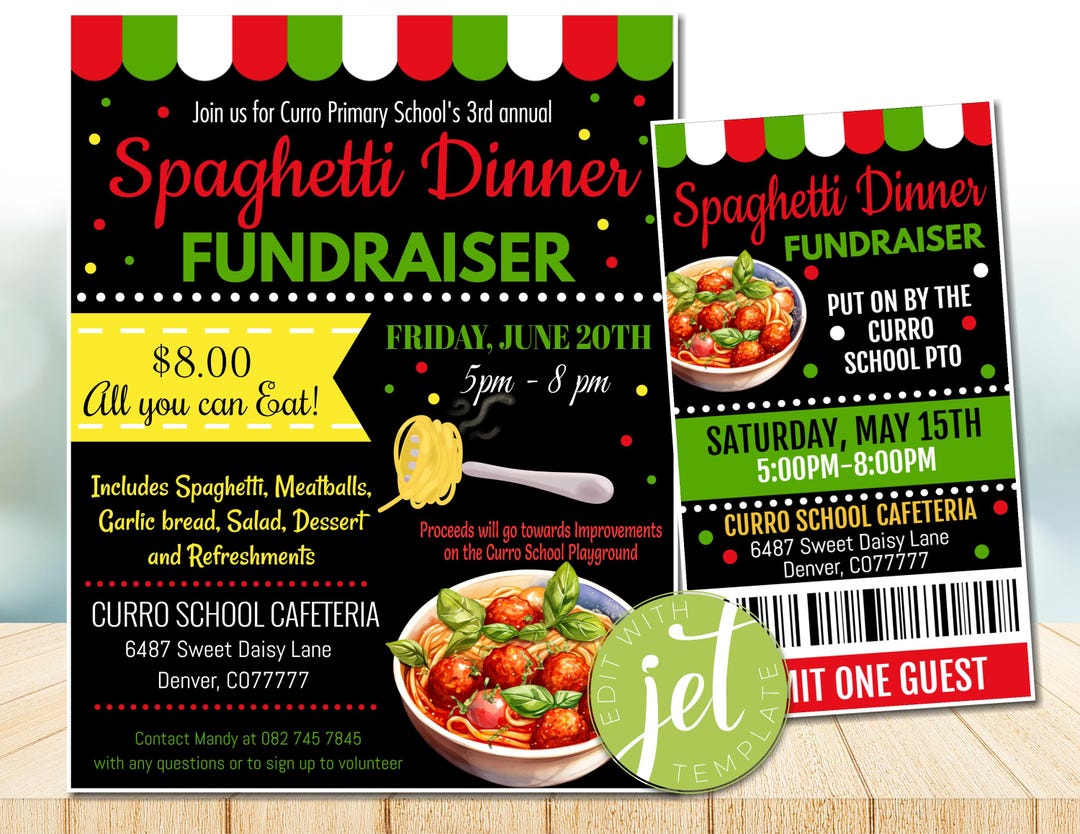 EDITABLE Spaghetti Dinner Fundraiser Flyer and Ticket Set, Italian ...