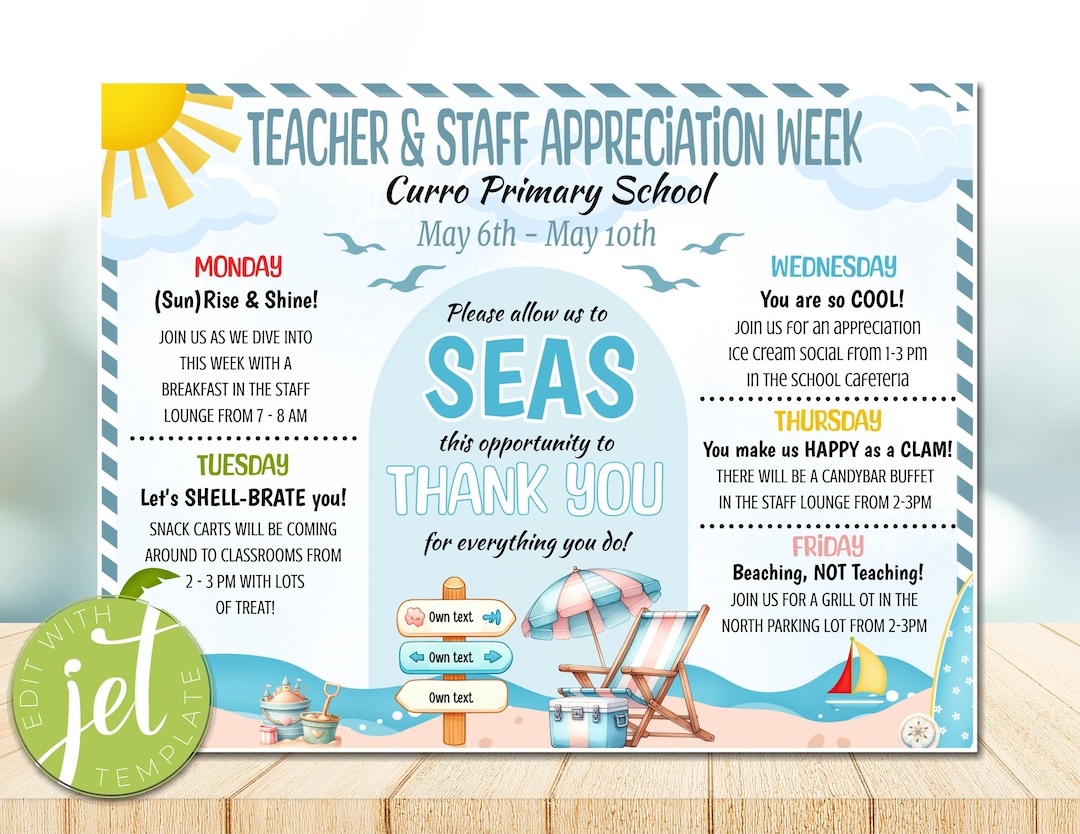 Editable Coastal Beach Themed Teacher Appreciation Week Itinerary Flyer ...