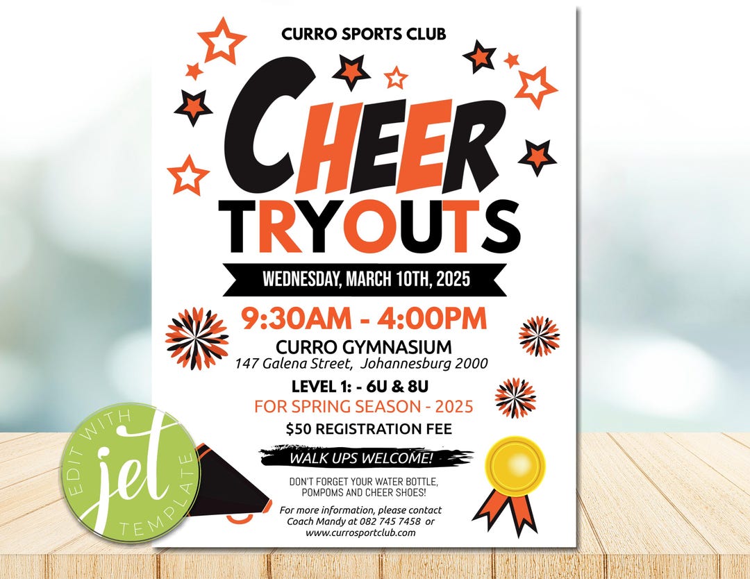 Editable Cheer Tryout Flyer Template, Cheerleading Team Tryouts ...