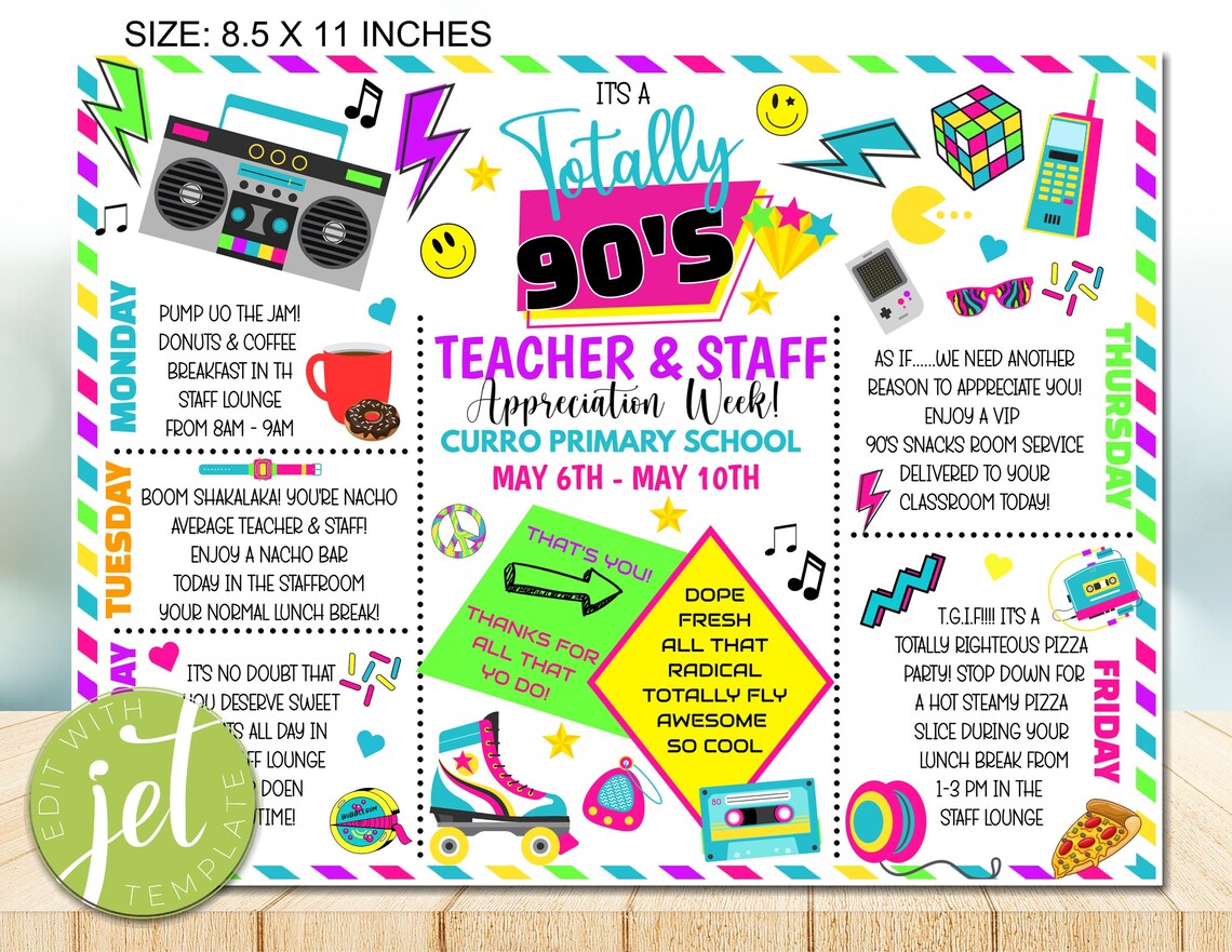EDITABLE 80s 90s Theme Teacher Appreciation Week Itinerary, Retro ...