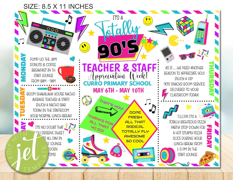 EDITABLE 80s 90s Theme Teacher Appreciation Week Itinerary, Retro ...