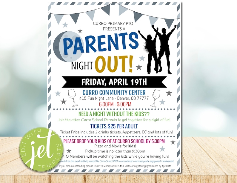 Editable Parents Night Out Flyer, School Family Fundraiser Event ...