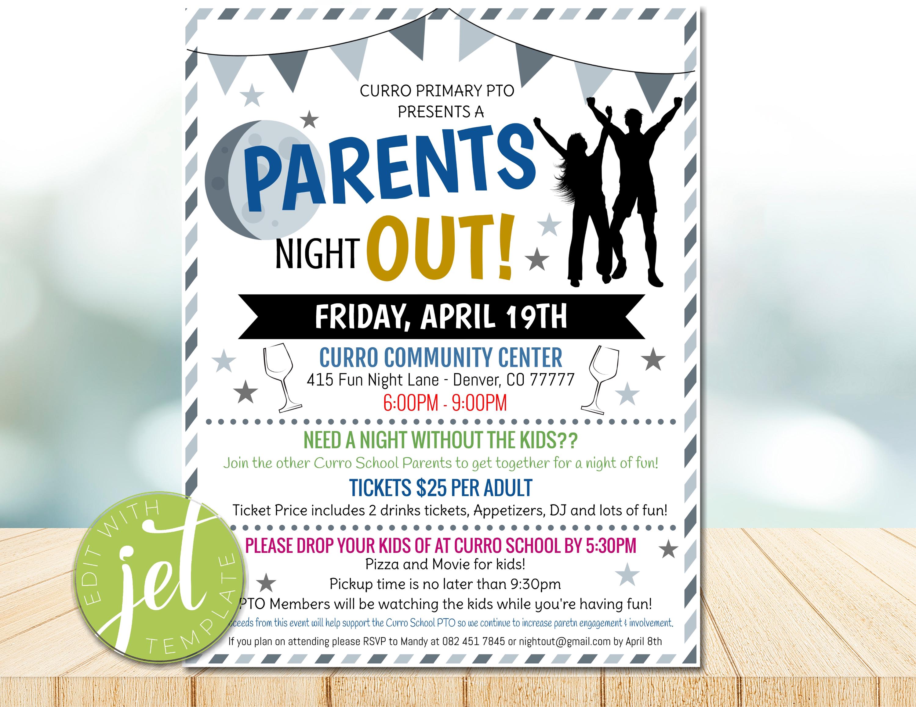 Editable Parents Night Out Flyer, School Family Fundraiser Event ...