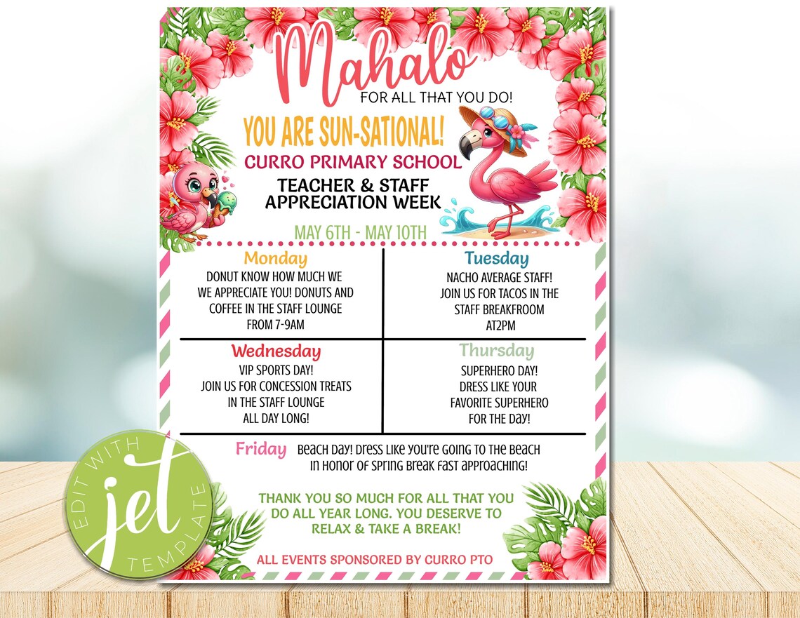 EDITABLE Luau Teacher Appreciation Week Itinerary, Tropical Hawaii You ...