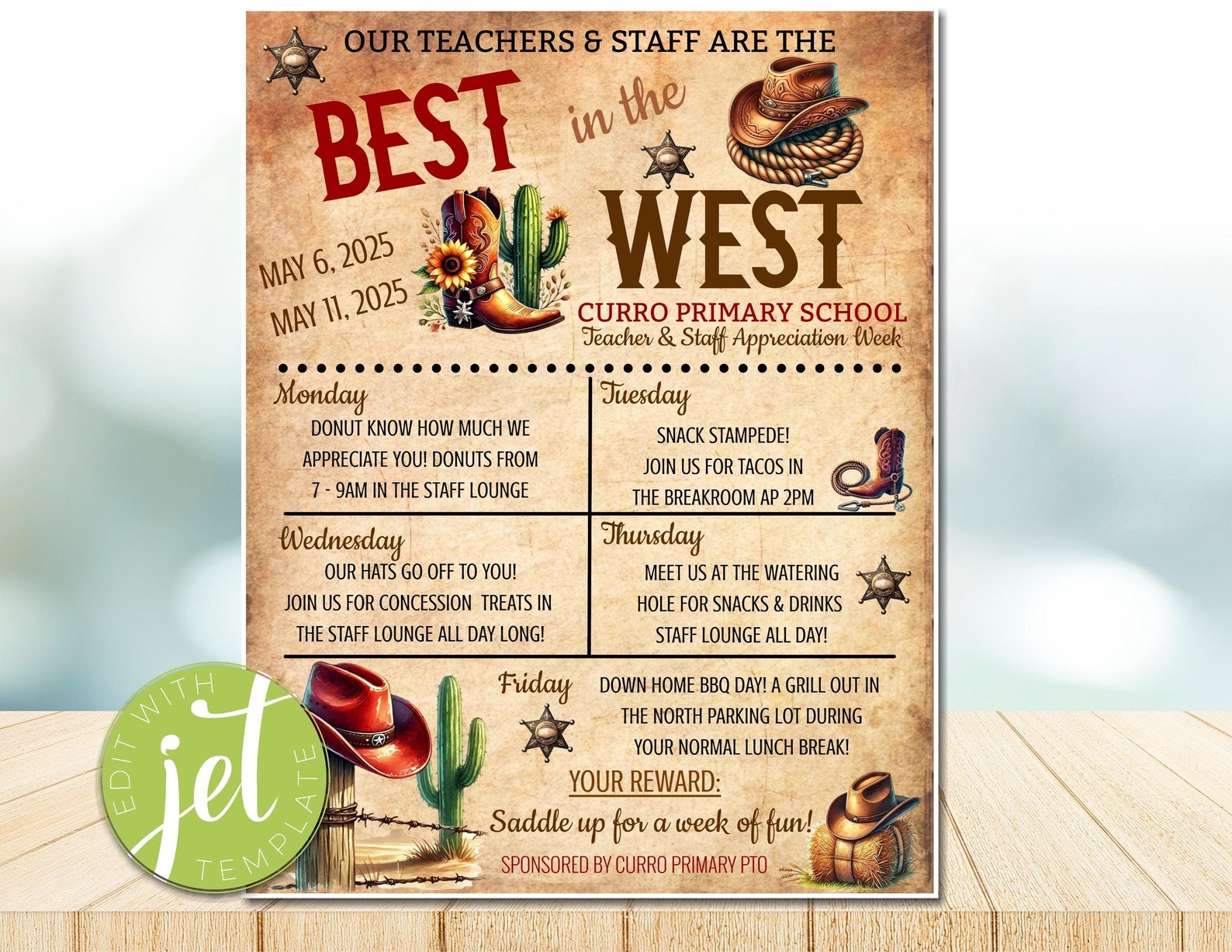 Editable Western Themed Teacher Appreciation Week Itinerary Poster ...