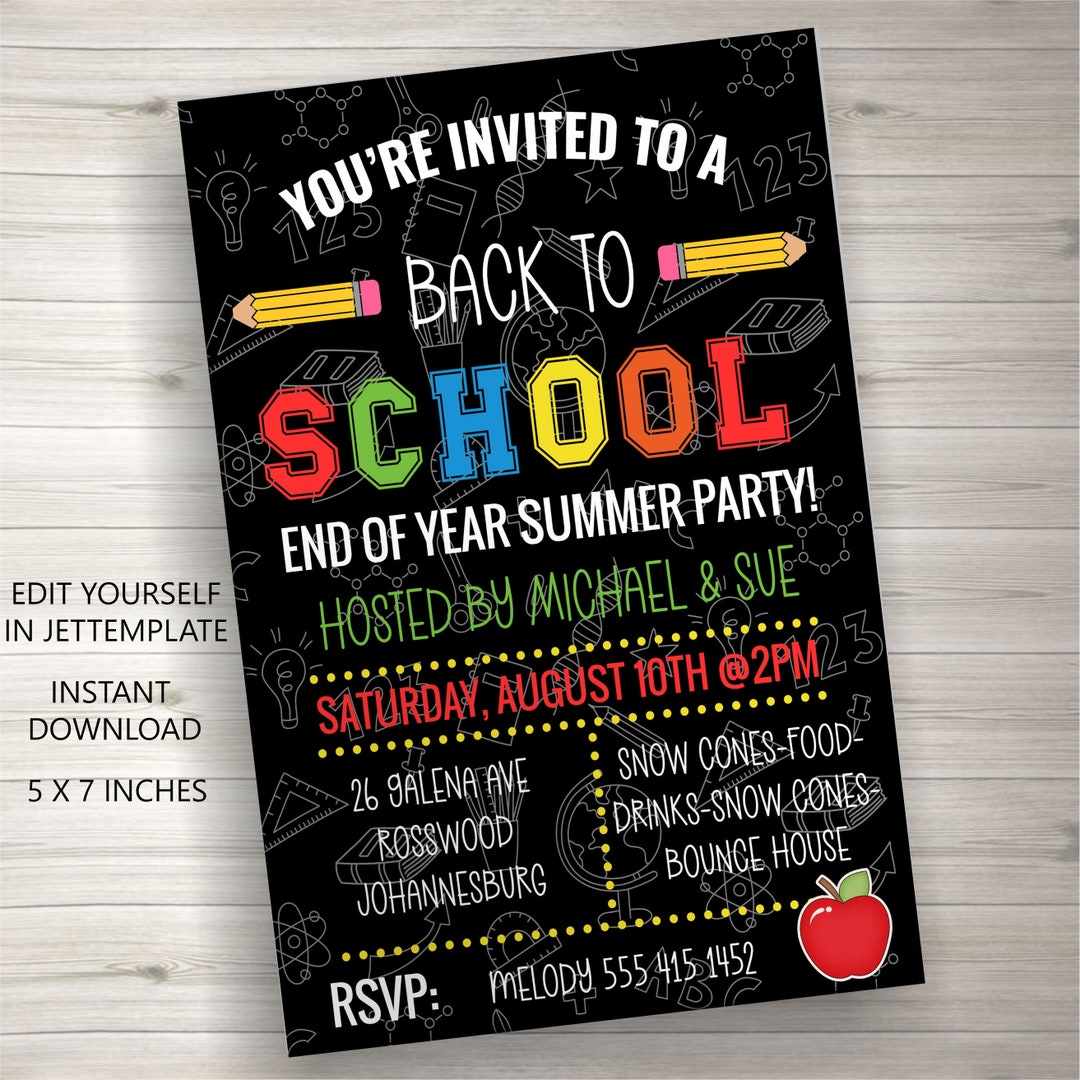 EDITABLE Back to School Party Invitation, End of Summer Party ...