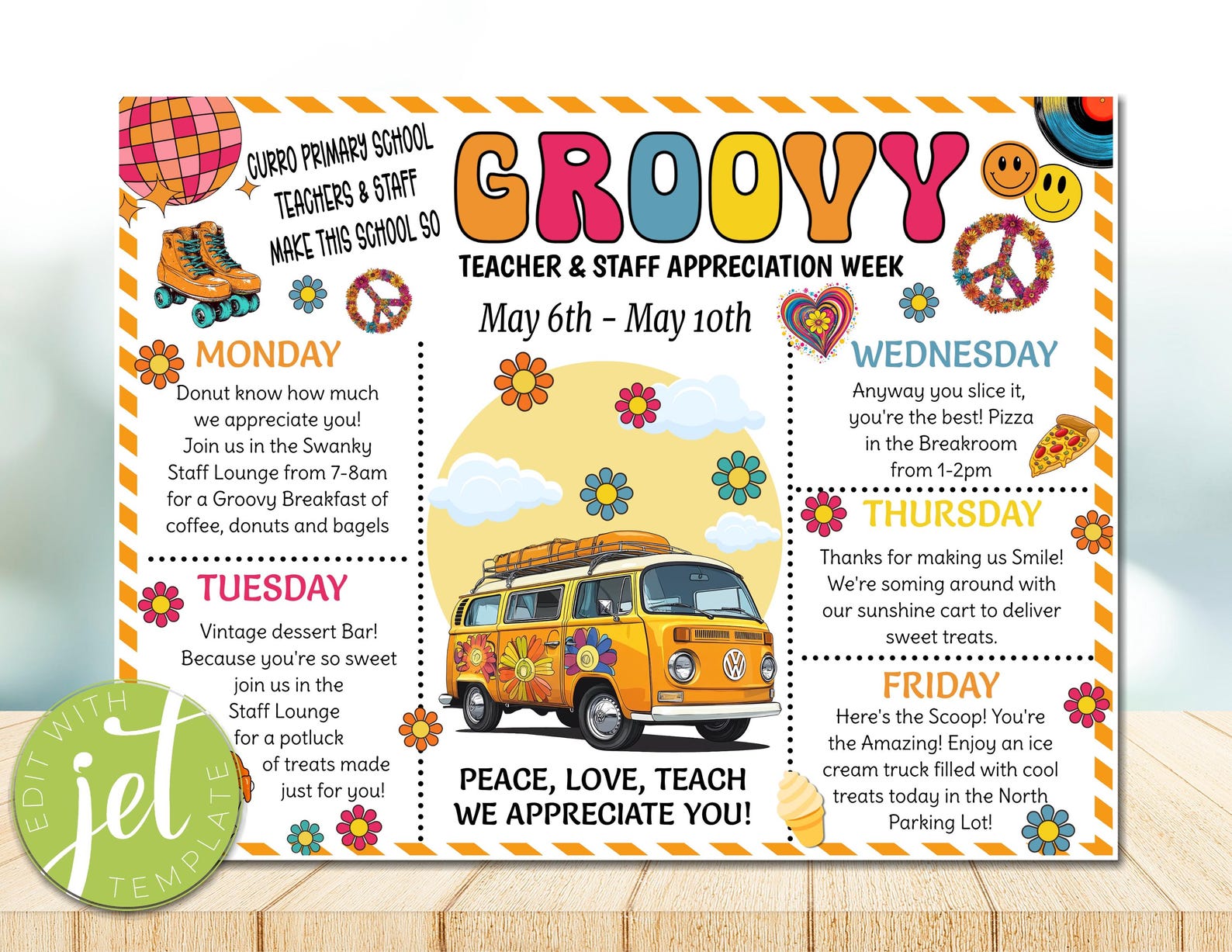 Editable Groovy 60s 70s Theme Teacher Appreciation Week Itinerary ...