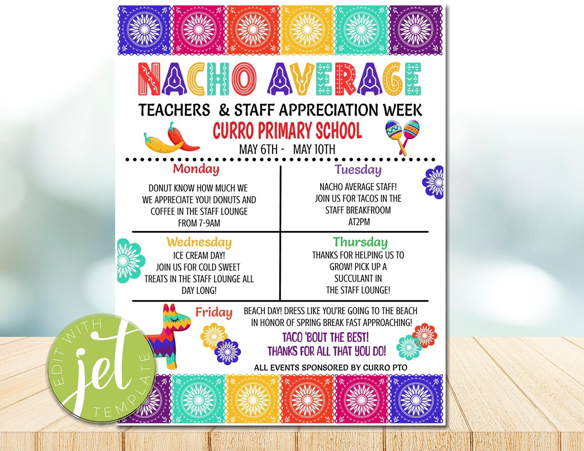 EDITABLE Nacho Average Teacher Appreciation Week Itinerary Poster ...