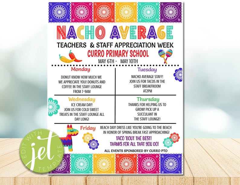 EDITABLE Nacho Average Teacher Appreciation Week Itinerary Poster ...