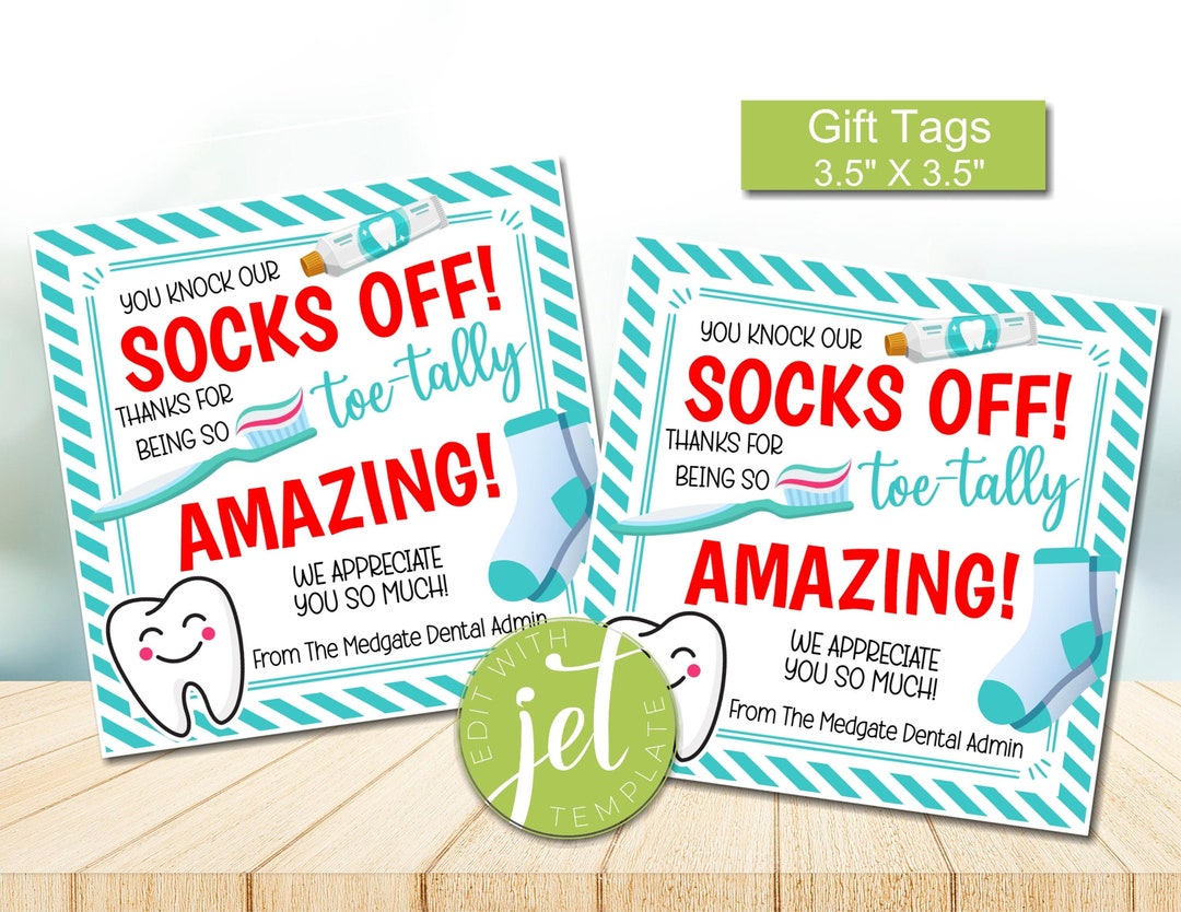 Editable Dental Appreciation Sock Gift Tags, Fuzzy Socks Mani Pedi Toe ...