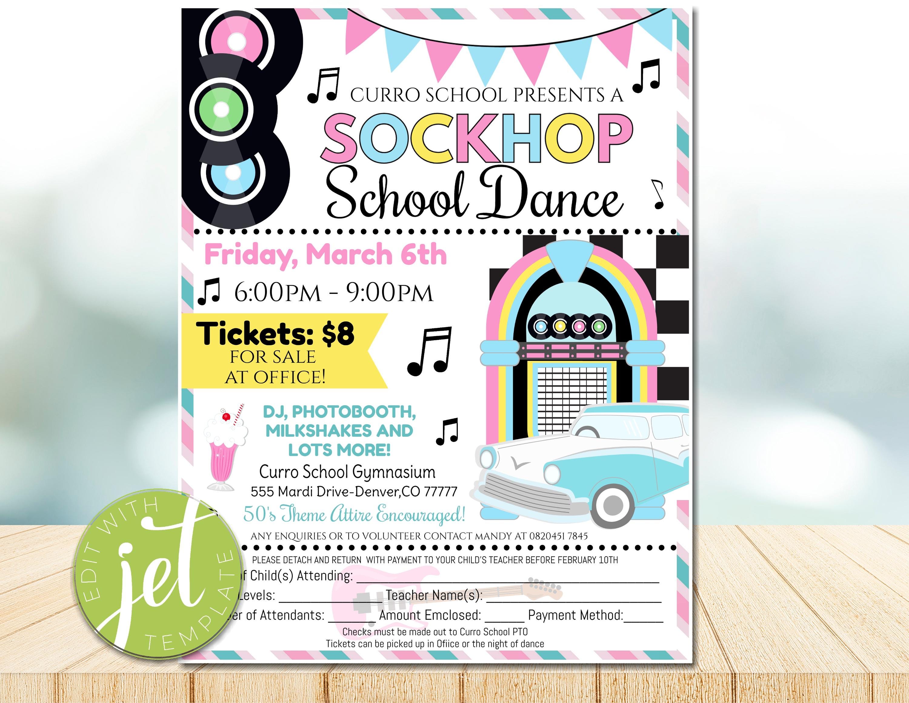 EDITABLE 50's Theme Sock Hop School Dance Invite Set, Sock Hop Form ...