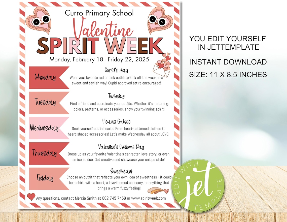 EDITABLE Retro Valentine Spirit Week Flyer Jettemplate Template, School ...