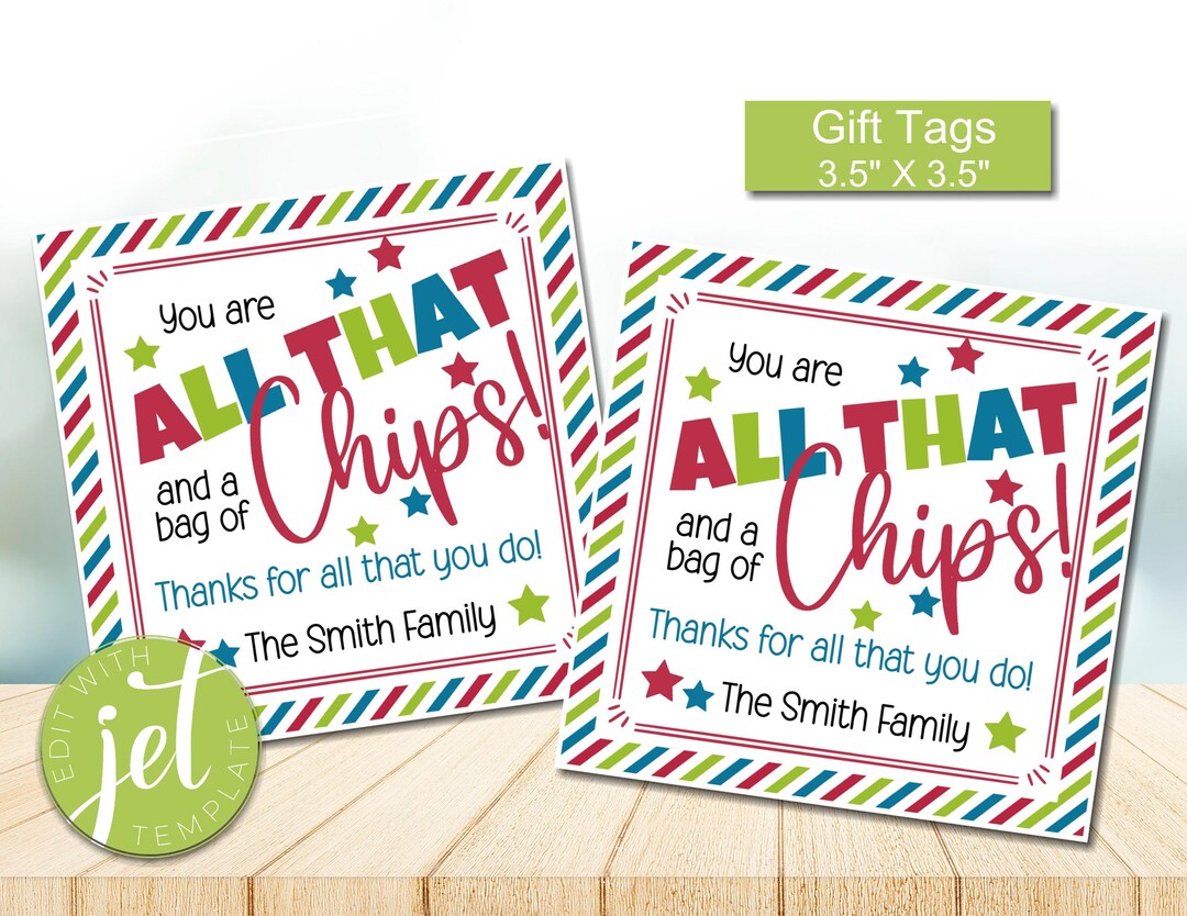 Editable Chips Gift Tag, Teacher Staff Employee School Appreciation ...