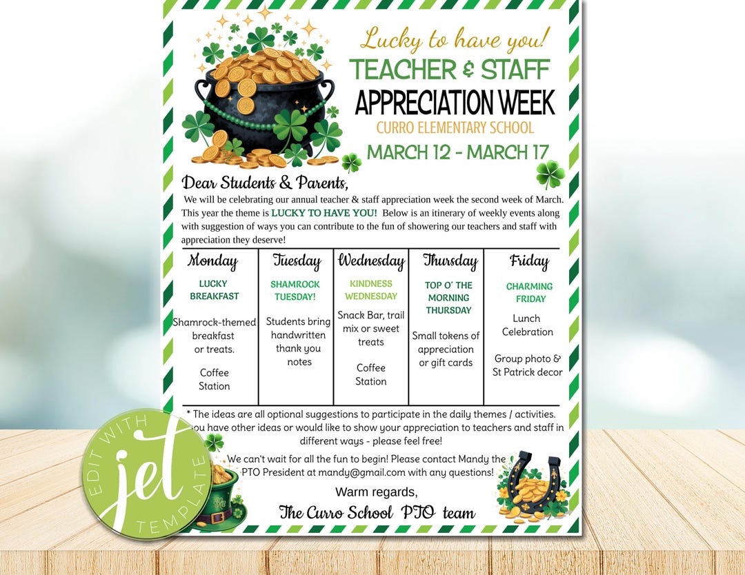 Editable St. Patrick’s Day Teacher Appreciation Week Itinerary, Lucky ...