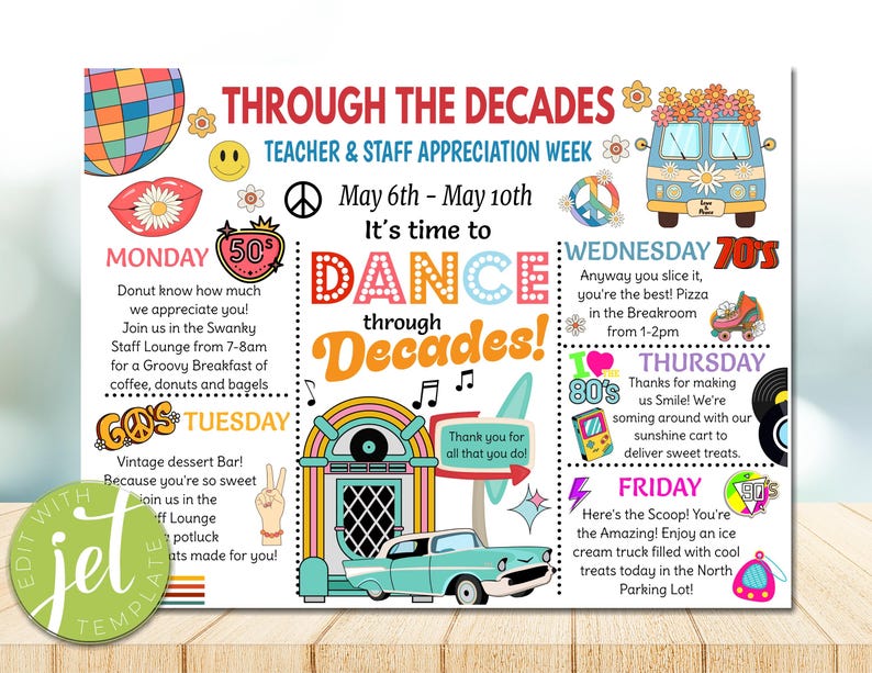 Editable Dance Through the Decades Staff Appreciation Week Itinerary ...