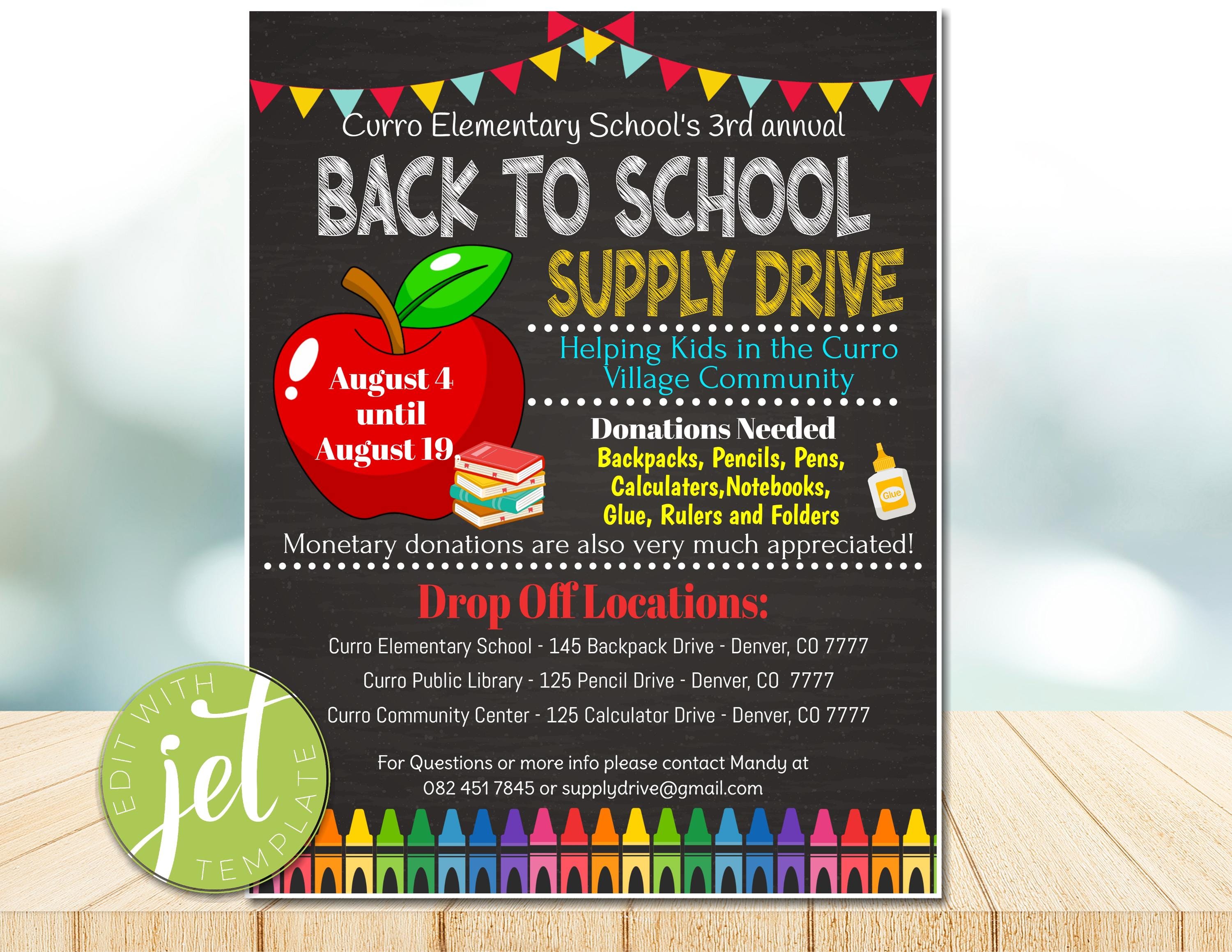 Editable School Supply Drive Event Flyer, PTO, PTA, Instant Download - Etsy