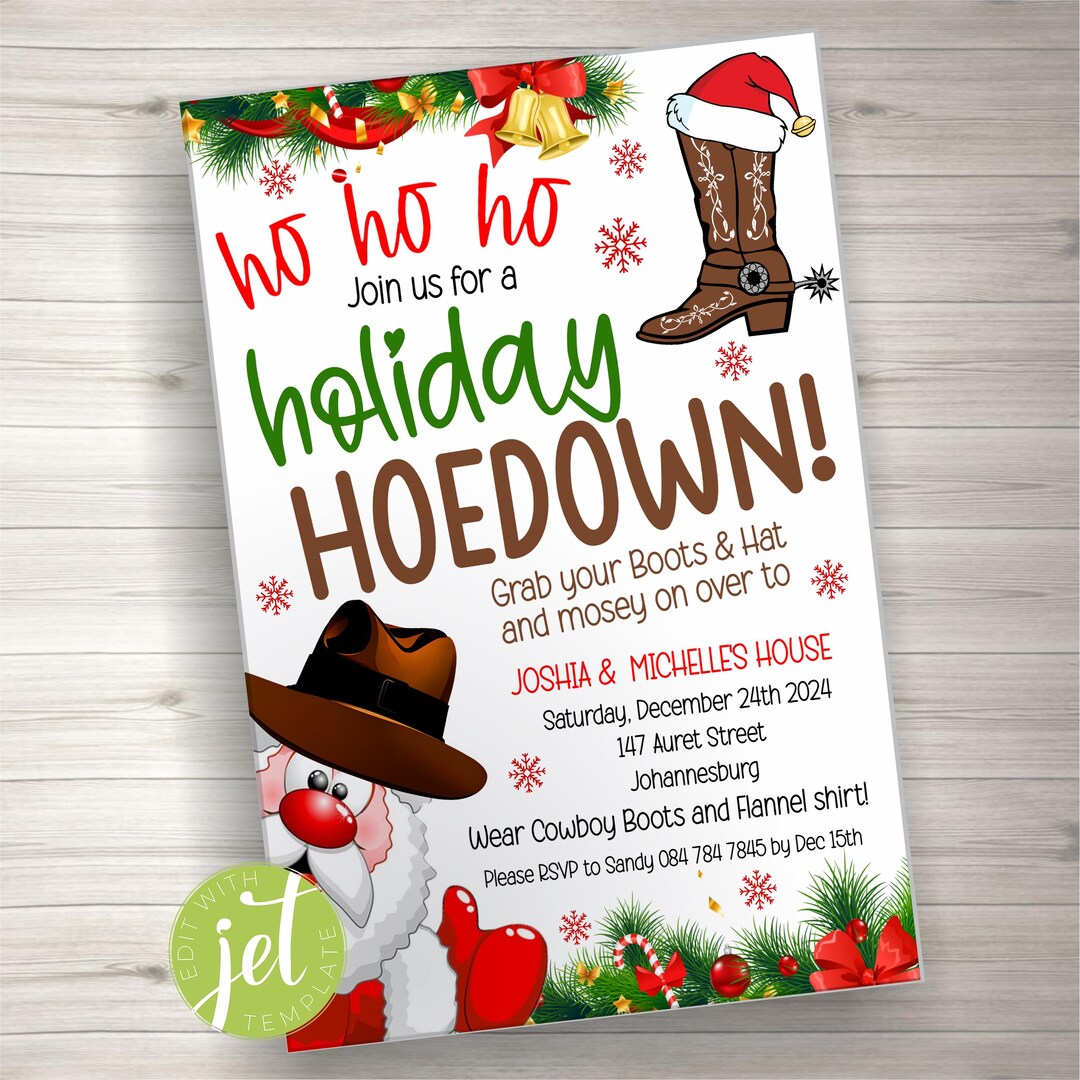 Editable Christmas Hoedown Invitation, Cowboy Santa Ho Ho Holiday Party ...