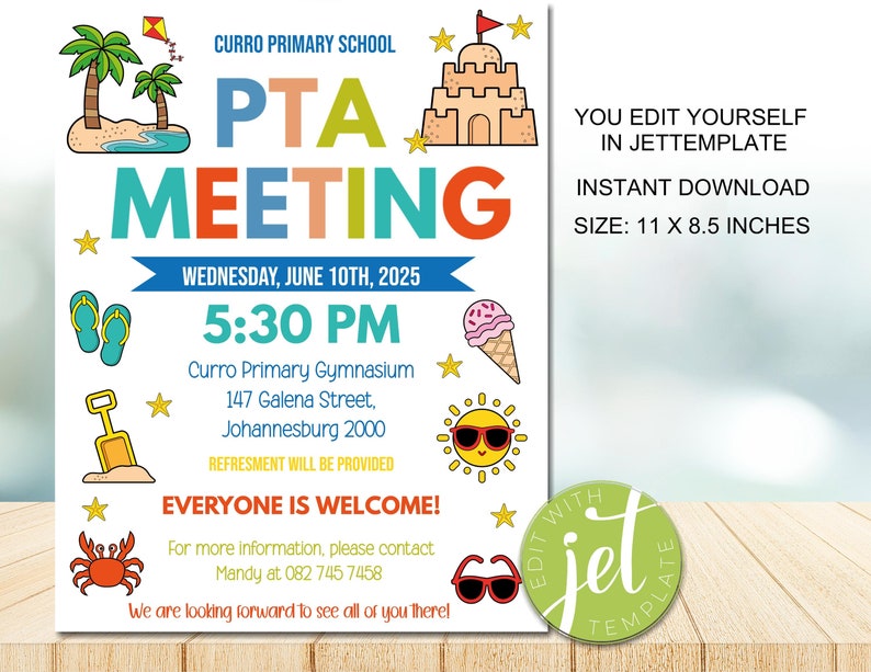 Editable June PTO PTA Meeting Flyer Printable, End of School Meeting ...