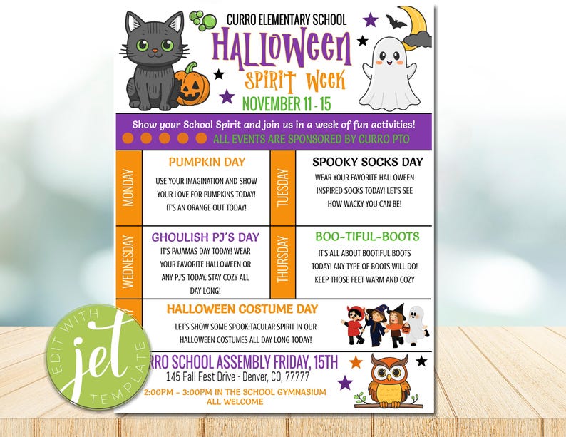 EDITABLE Halloween School Spirit Week Itinerary, Daily Weekly Calendar ...