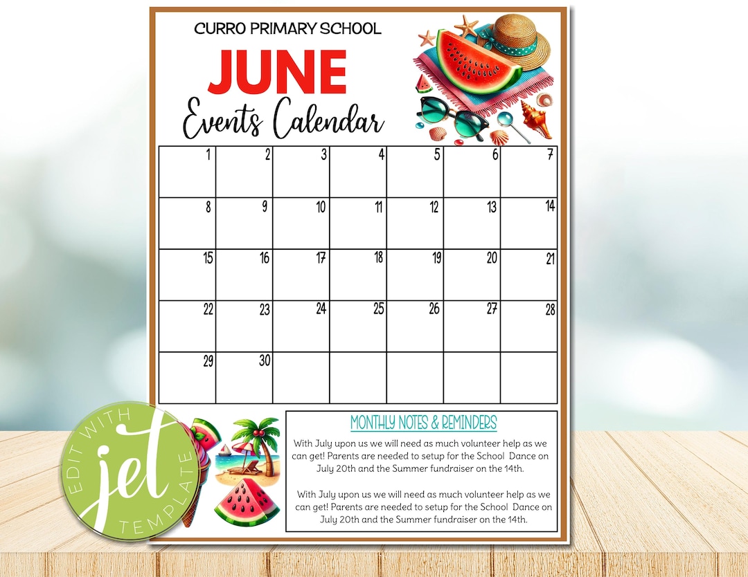 Editable June Events Calendar, Summer PTO PTA Handout, School Year ...