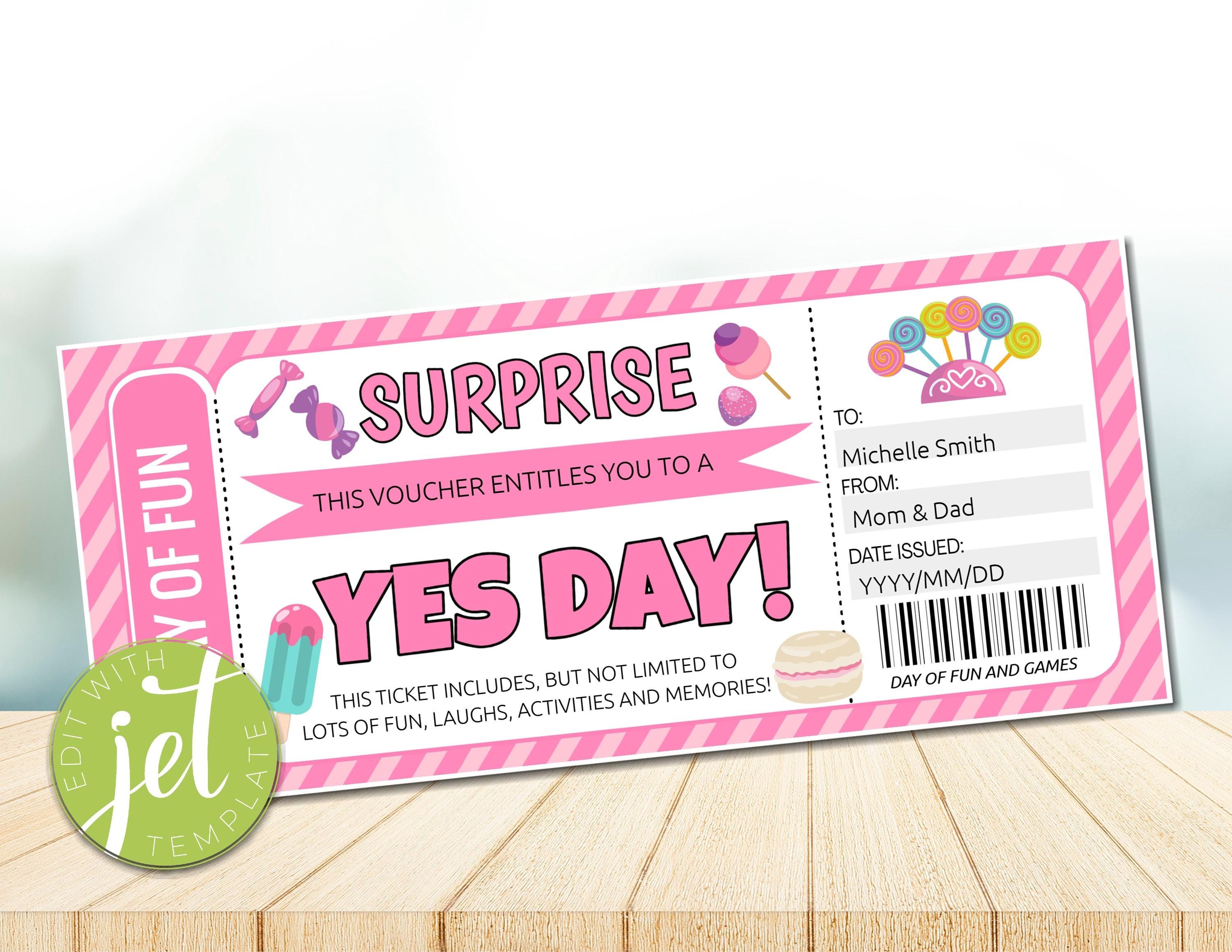 Editable Yes Day Ticket, Kids Best Day Ever Gift Card, Yes Day Gift ...