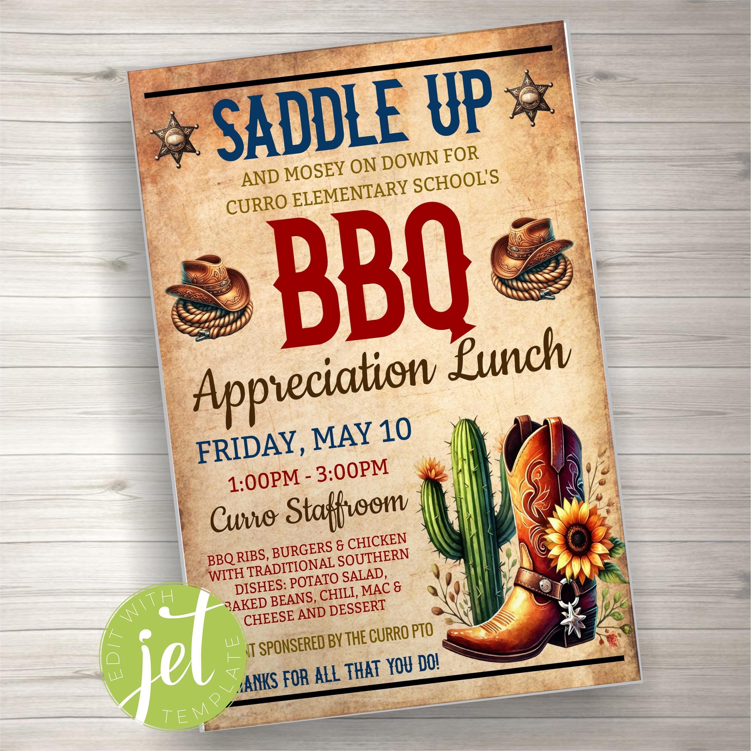 EDITABLE Western Theme Teacher Appreciation Week Printable BBQ Lunch ...
