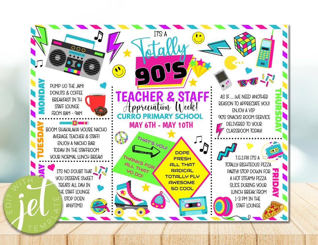 Editable 90s Teacher Appreciation Week Itinerary Schedule, Digital ...