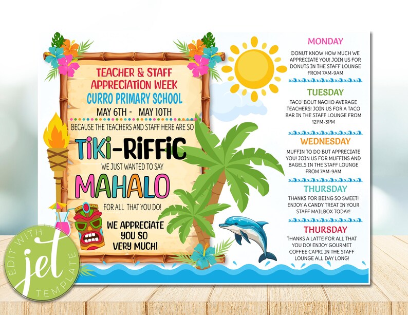 EDITABLE Hawaiian Themed Teacher Appreciation Week Itinerary, Beach ...