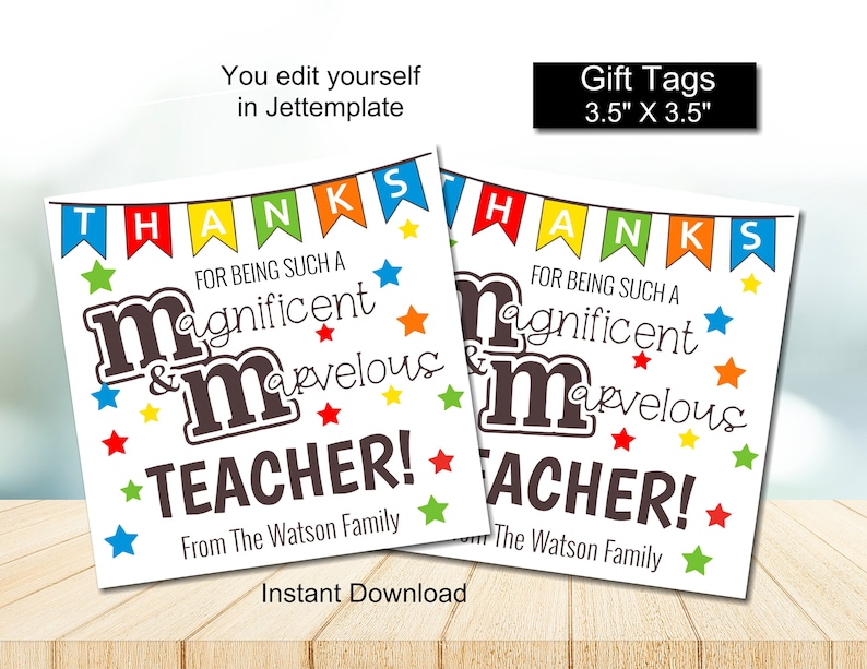 Editable Thank You Teacher Appreciation Gift Tags for M&ms Candy ...