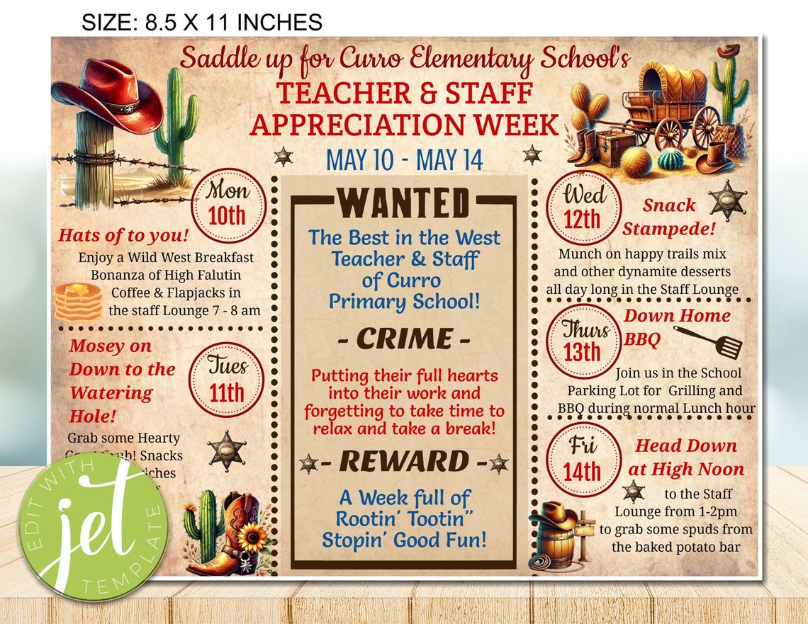 EDITABLE Western Themed Teacher Appreciation Week Itinerary Flyer, Wild ...