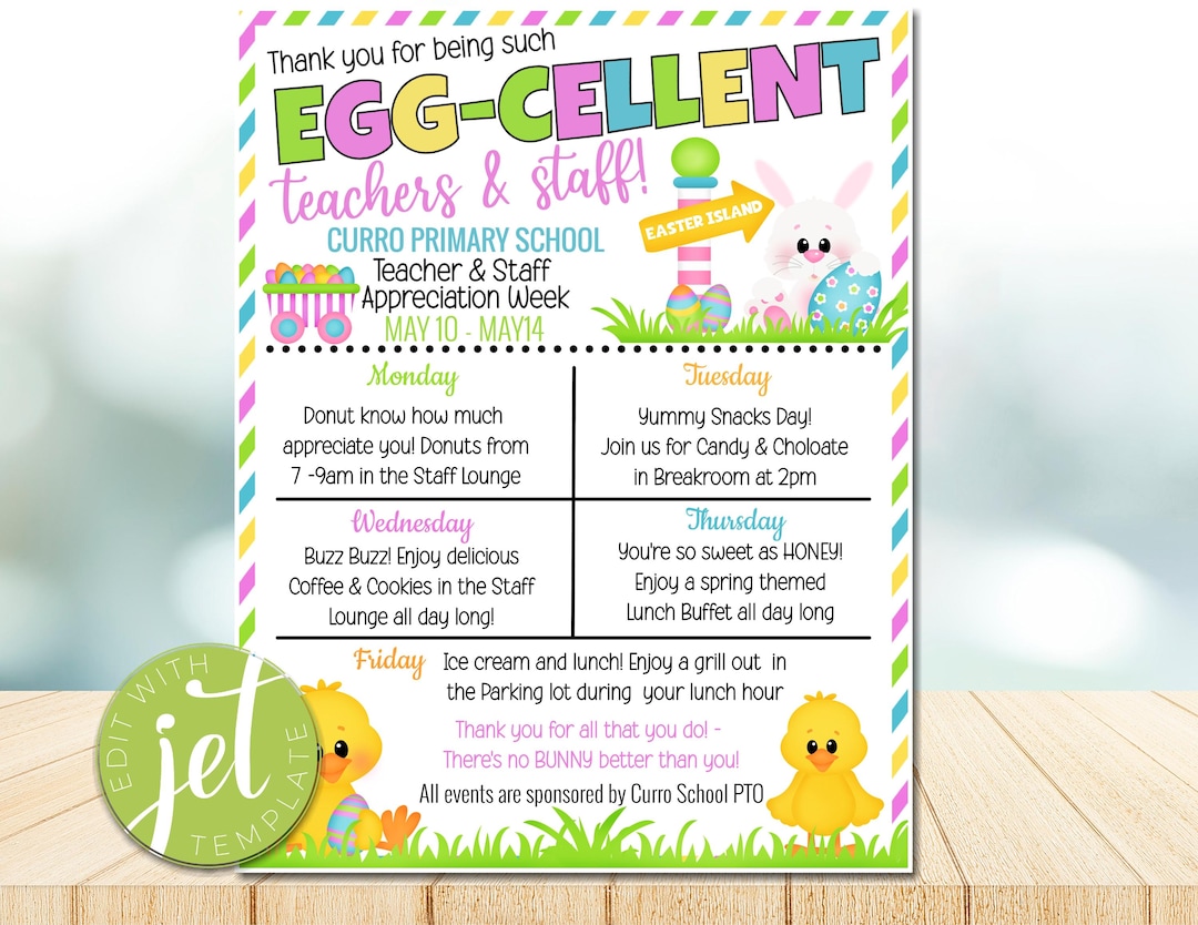 EDITABLE Easter Teacher Appreciation Week Itinerary, You're Egg-cellent ...
