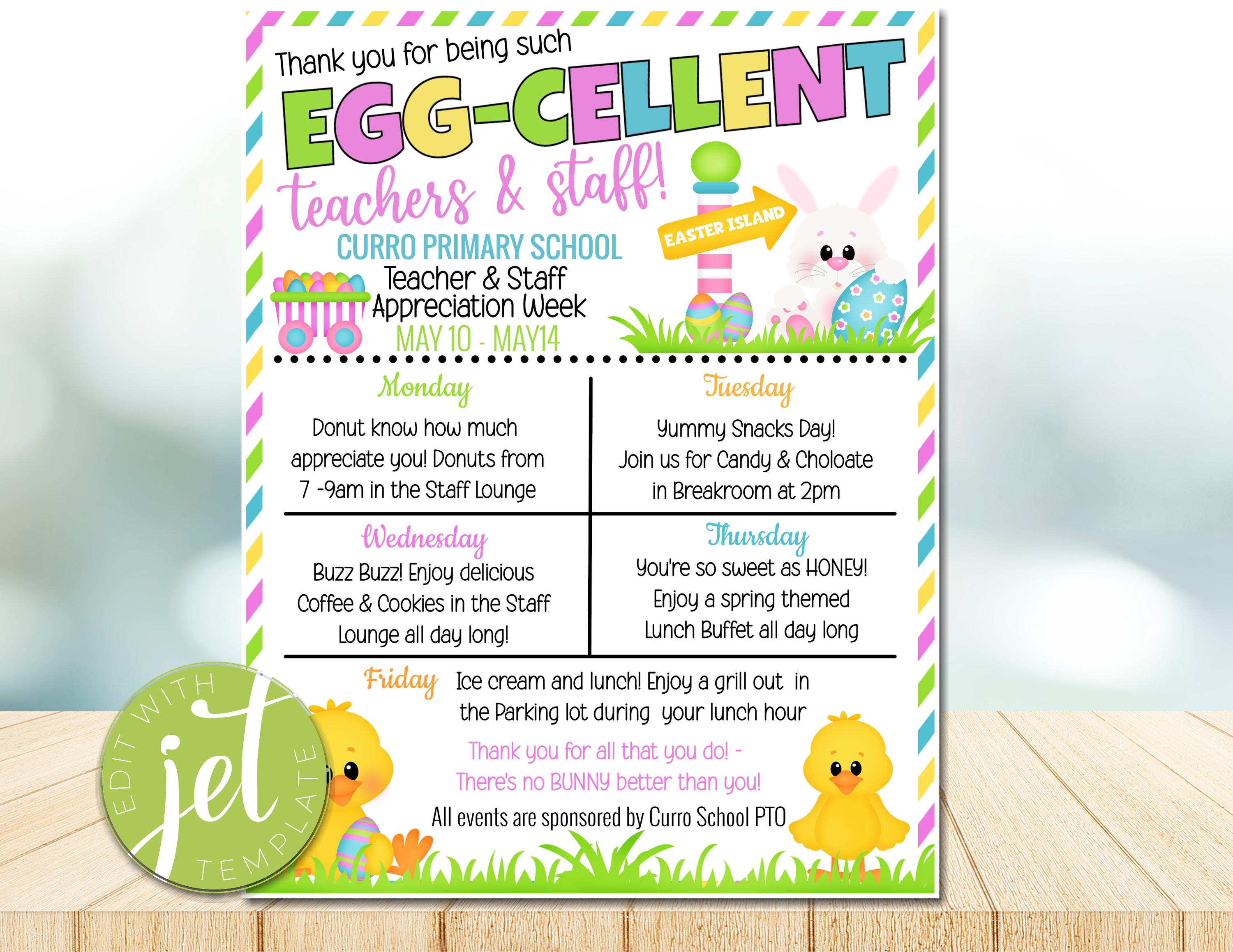 EDITABLE Easter Teacher Appreciation Week Itinerary, You're Egg-cellent ...
