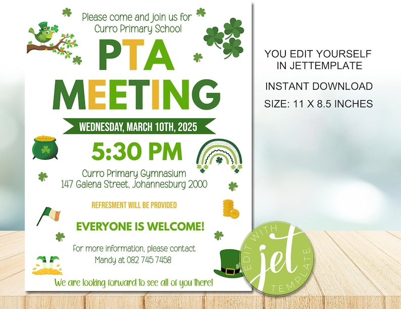 Editable March PTA Meeting Flyer, St Patrick Meeting Reminder, Instant ...