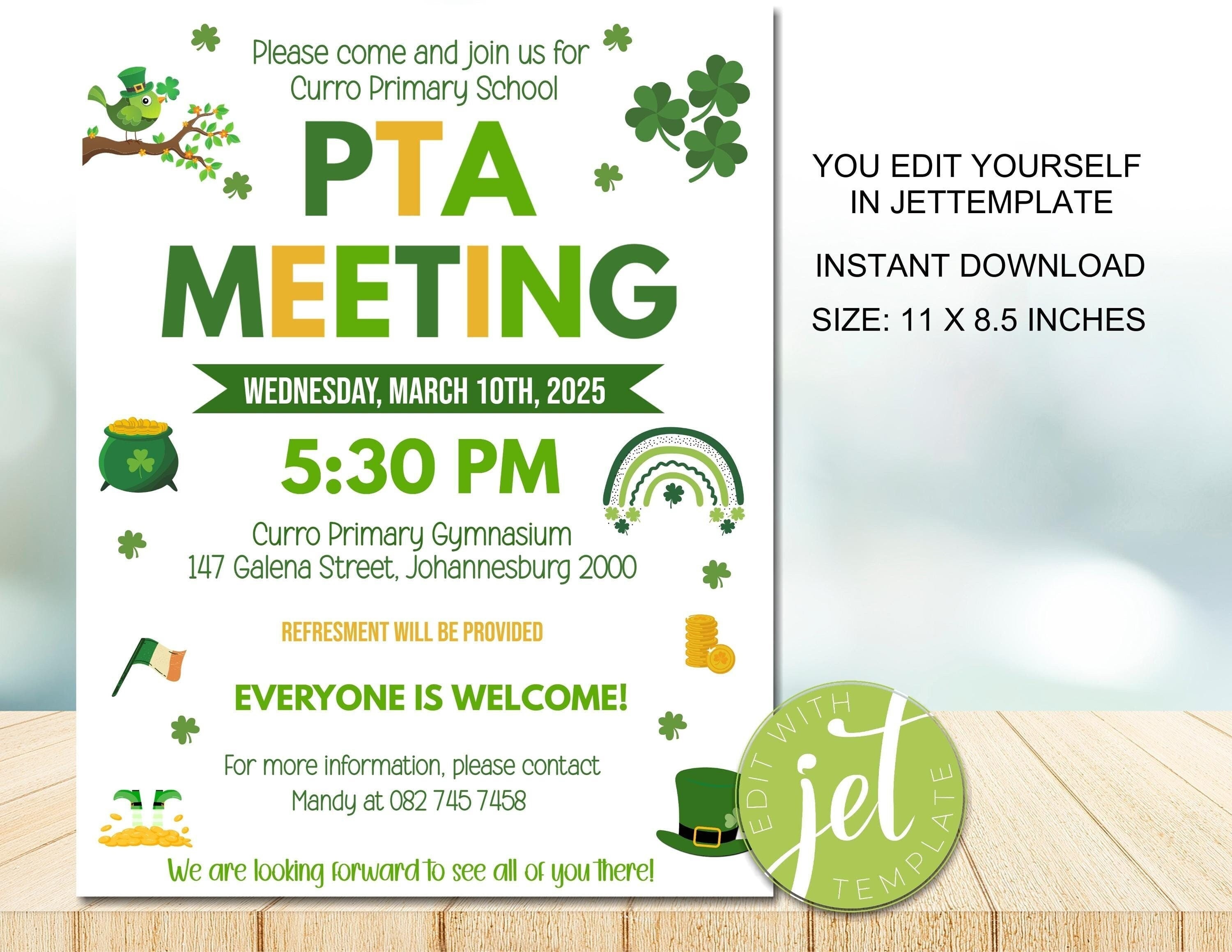 Editable March PTA Meeting Flyer, St Patrick Meeting Reminder, Instant ...
