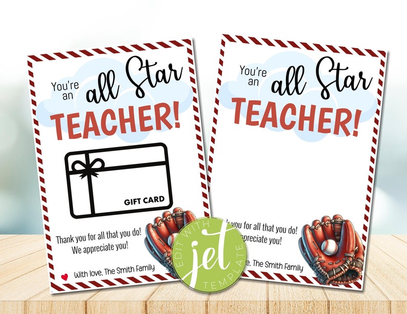 Editable Baseball Teacher Appreciation Gift Card Holder, All Star ...
