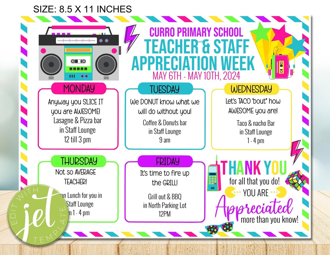 Editable 80s Teacher & Staff Appreciation Flyer, Itinerary Week, Retro ...