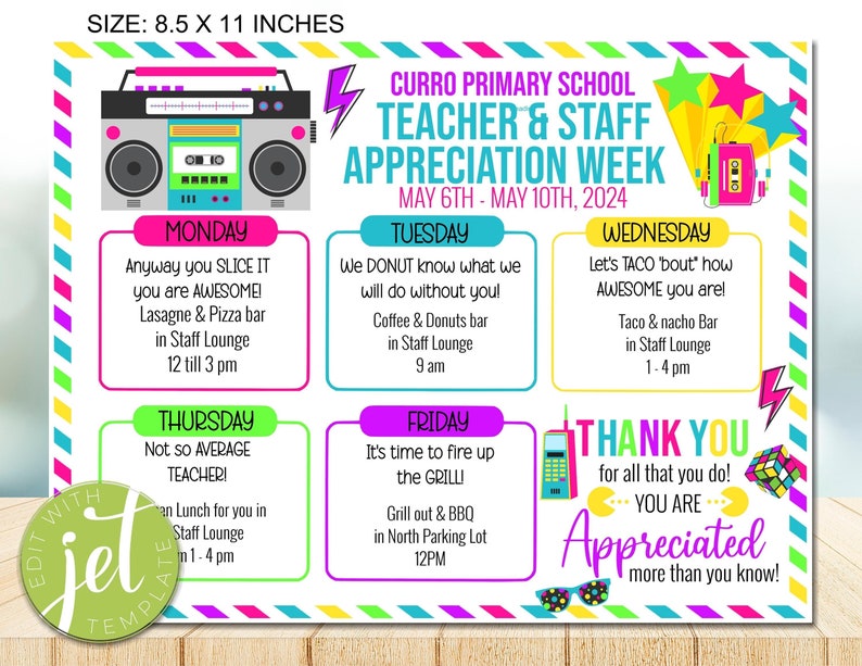 Editable 80s Teacher & Staff Appreciation Flyer, Itinerary Week, Retro ...