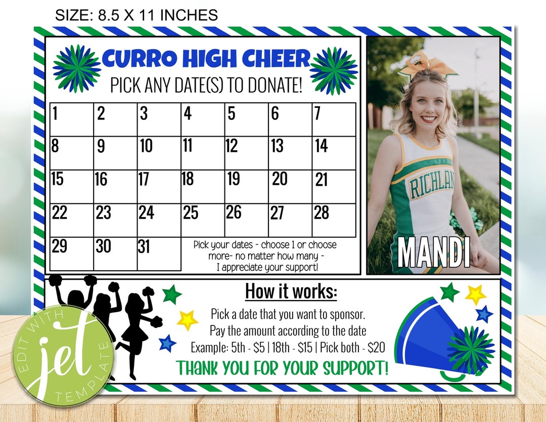 Editable Cheer Calendar Pick a Date to Donate Fundraiser Template ...