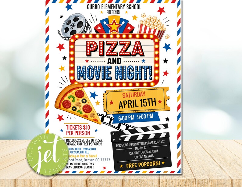 Pizza and Movie Night Flyer Template, Cinema Party Invitation (digital ...