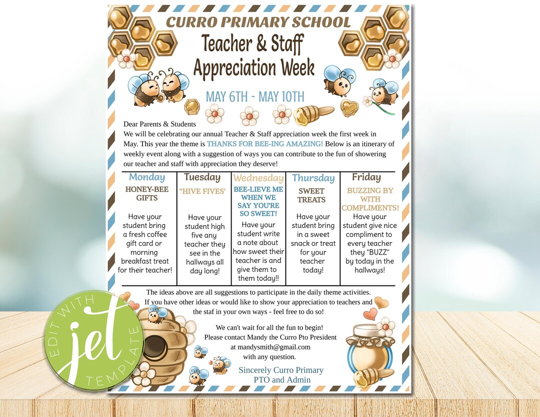 EDITABLE Bee Theme Teacher Appreciation Staff Invitation Newsletter ...