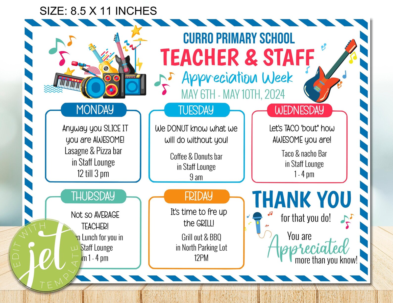 EDITABLE Rock Star Teacher and Staff Appreciation Week Itinerary ...