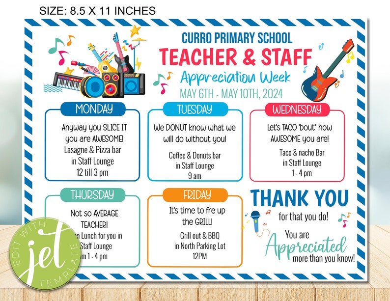 EDITABLE Rock Star Teacher and Staff Appreciation Week Itinerary ...