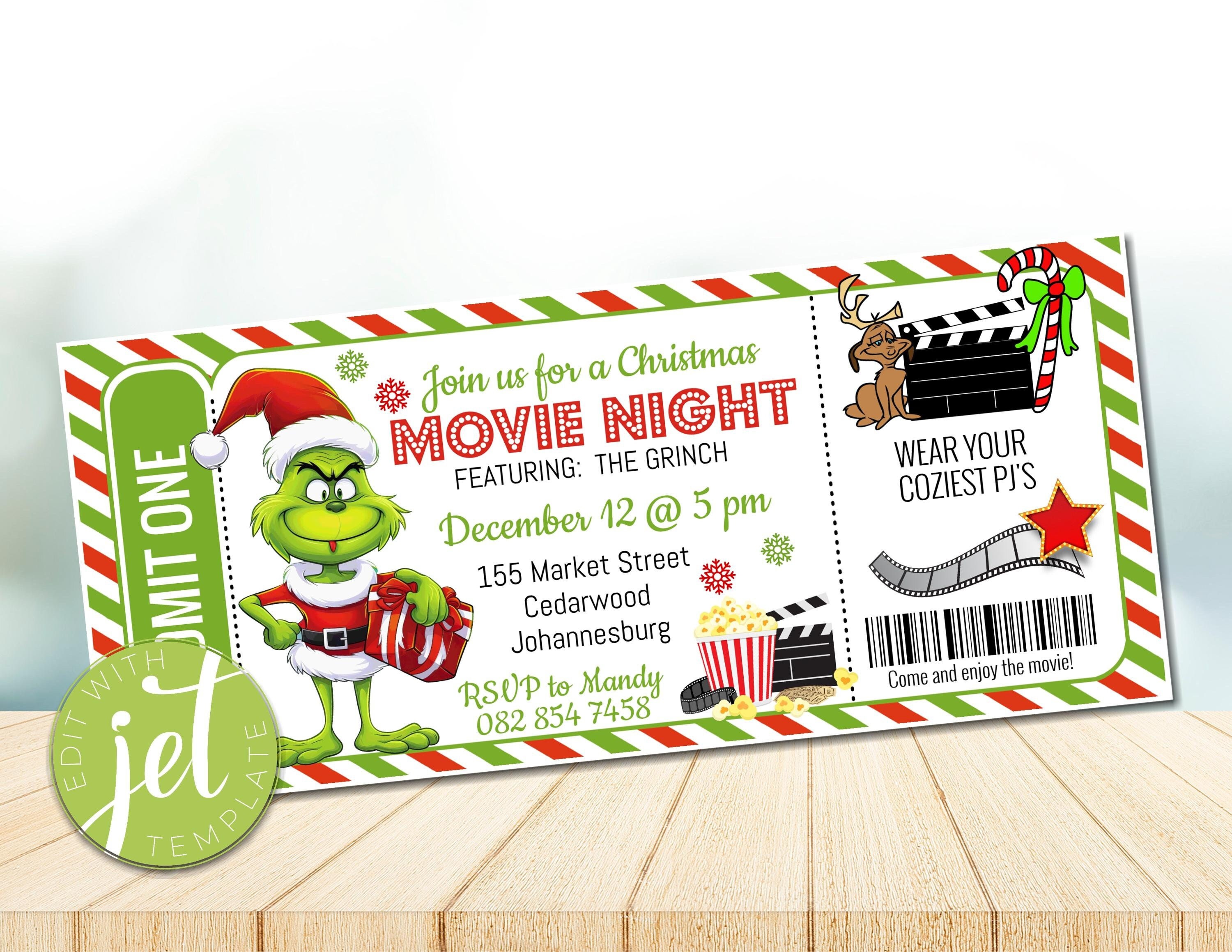Editable Christmas Movie Night Ticket Grinch Invite, Movie Invite ...